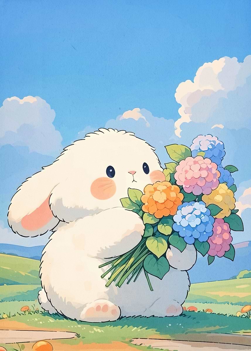 'Cute Bunny with Flowers' Poster, picture, metal print, paint by Hurley Kayson | Displate
