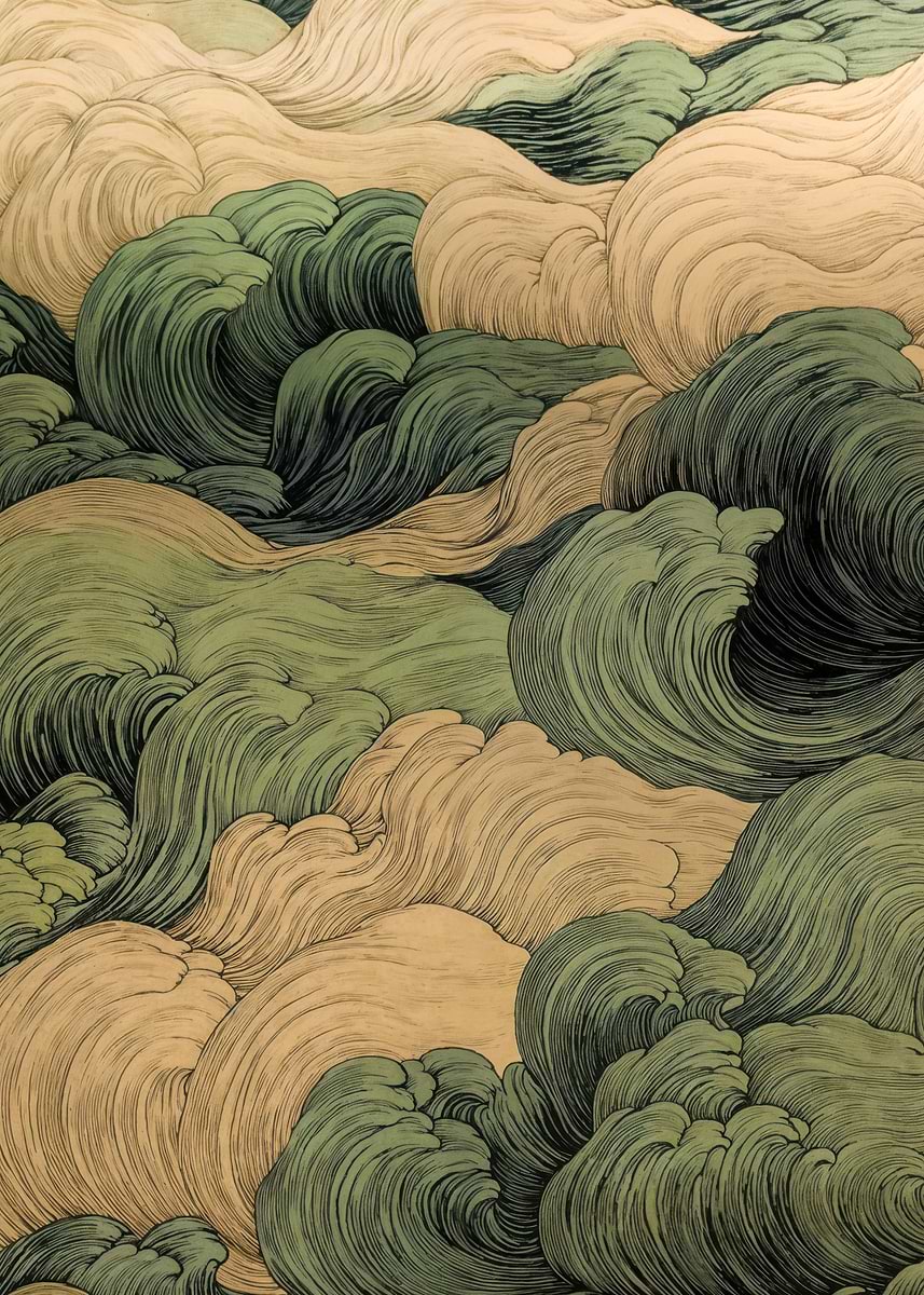 'Sage Green And Gold Waves Wall Art Minimalist Retro Japandi Waves ...