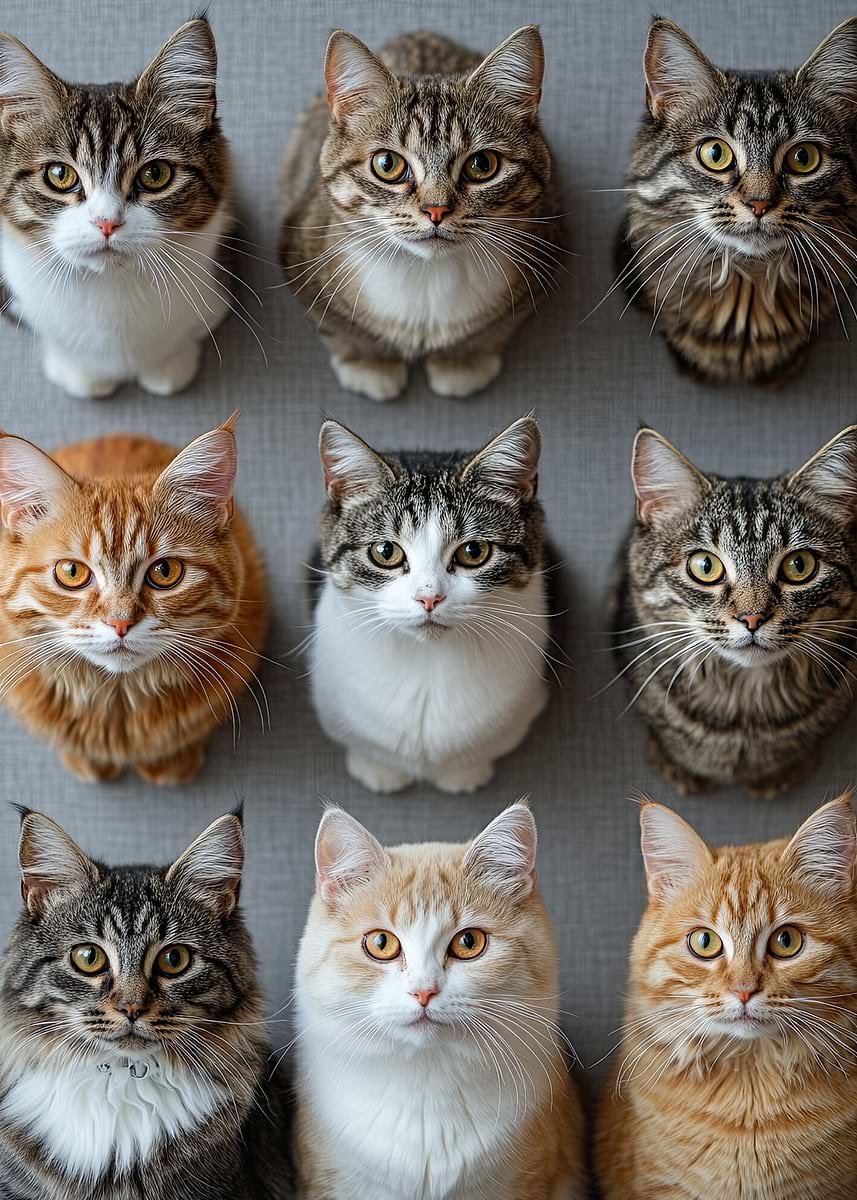 'Nine Cats Looking Up' Poster, picture, metal print, paint by cateferia ...