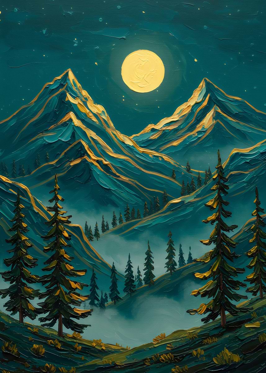 'Moonlit Pines and Peaks' Poster, picture, metal print, paint by Dzabdo ...