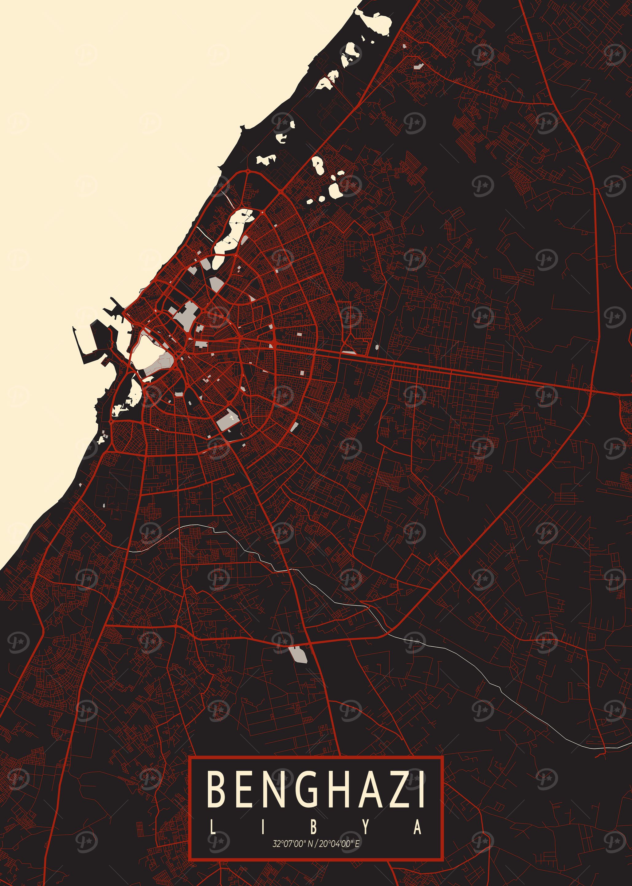 'Benghazi City Map Libya Vector' Poster, picture, metal print, paint by ...