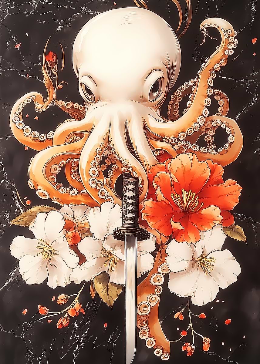 'Octopus with Katana and Flowers Animal' Poster, picture, metal print ...