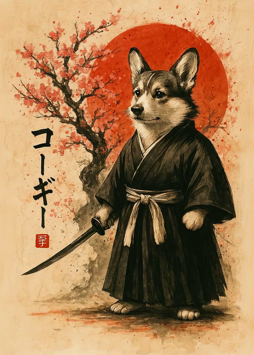 'Corgi Samurai' Poster, picture, metal print, paint by PetPrints | Displate