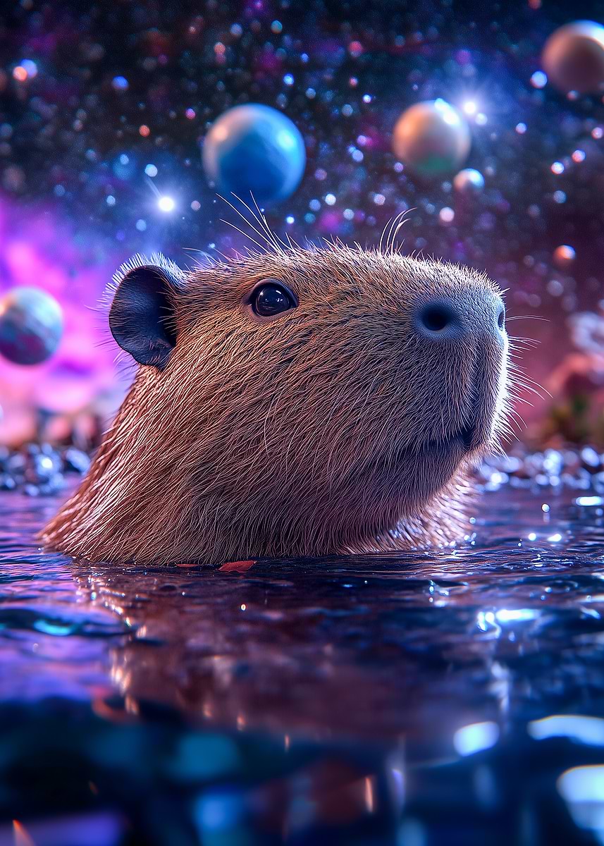 'Capybara in Cosmic Waters' Poster, picture, metal print, paint by ...