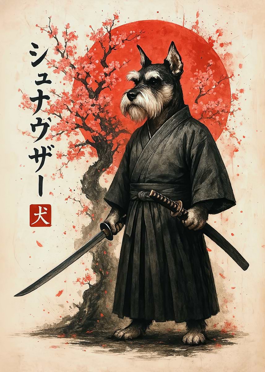 'Schnauzer Samurai' Poster, picture, metal print, paint by PetPrints | Displate