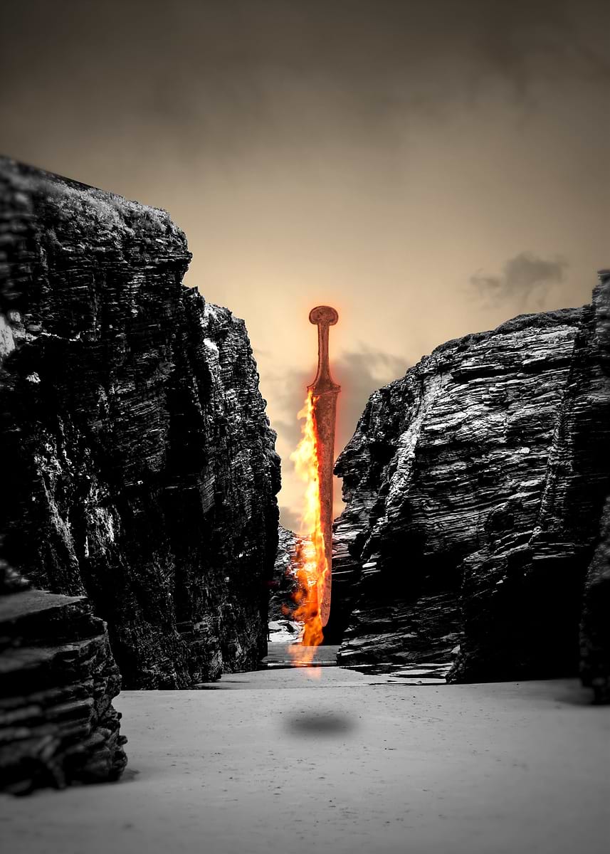 'Ancient Fire, a legendary sword ignites' Poster, picture, metal print ...