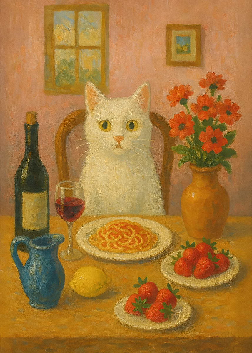 'Cat at Dinner Table' Poster, picture, metal print, paint by Fouad ...