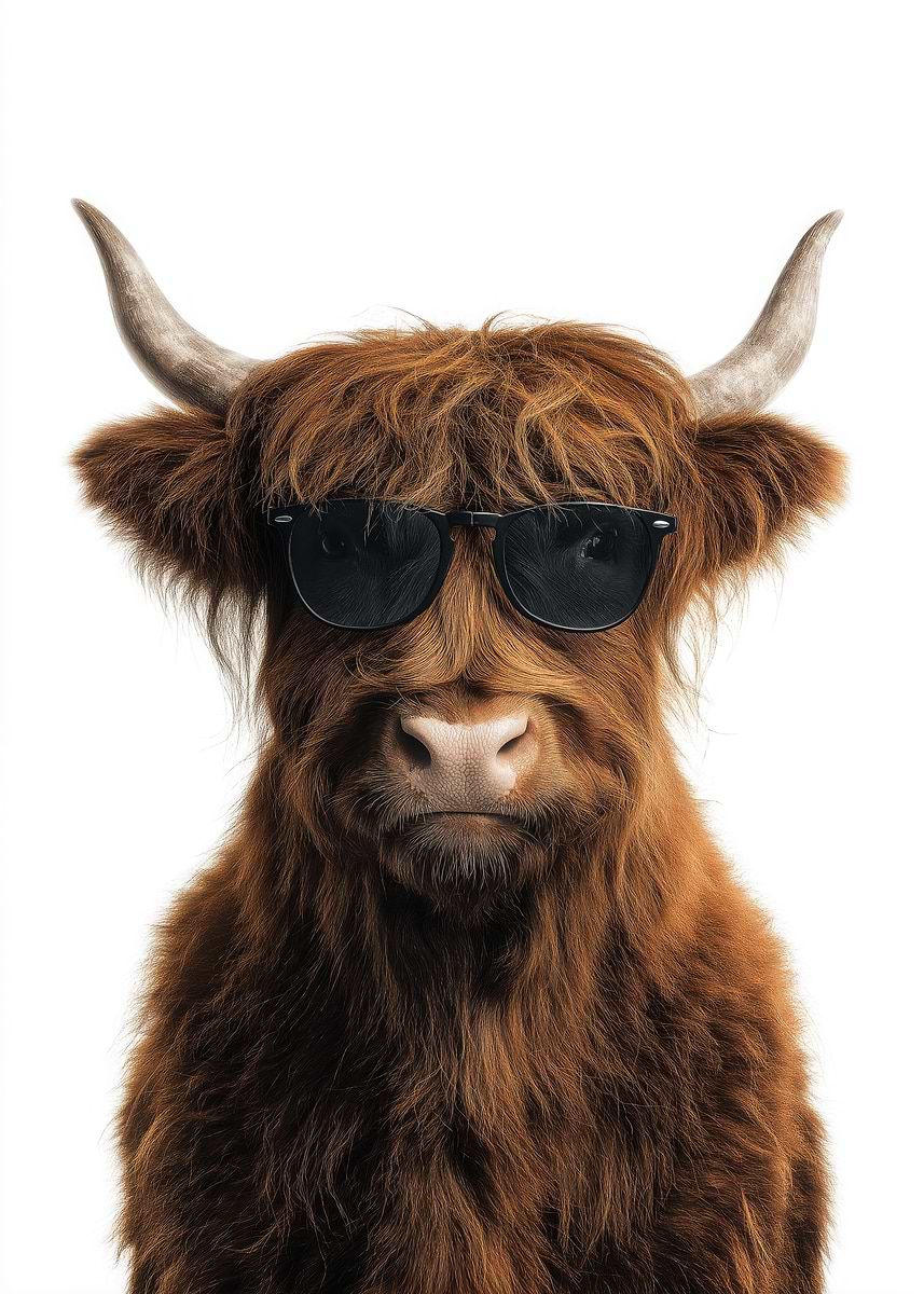 'Cool Highland Cow with Sunglasses' Poster, picture, metal print, paint ...