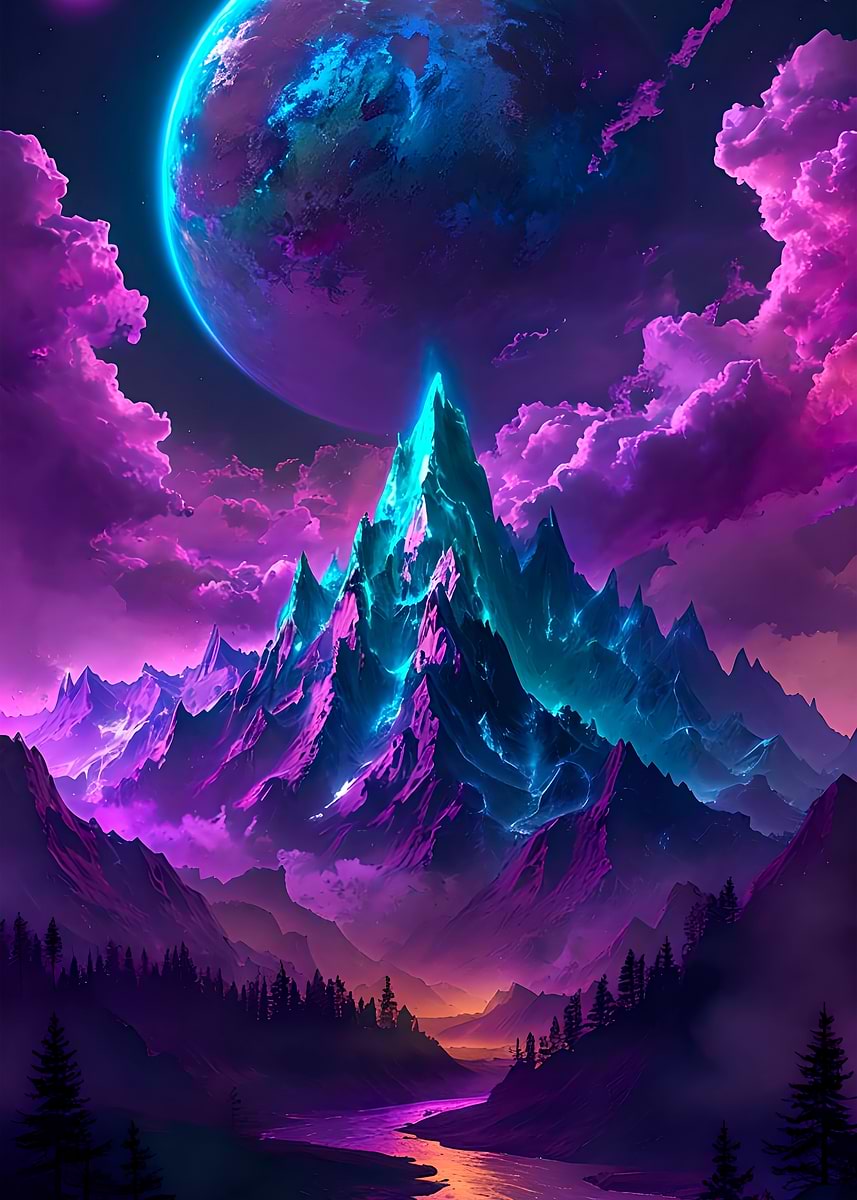 'Neon Mountain Landscape' Poster, picture, metal print, paint by BS ...