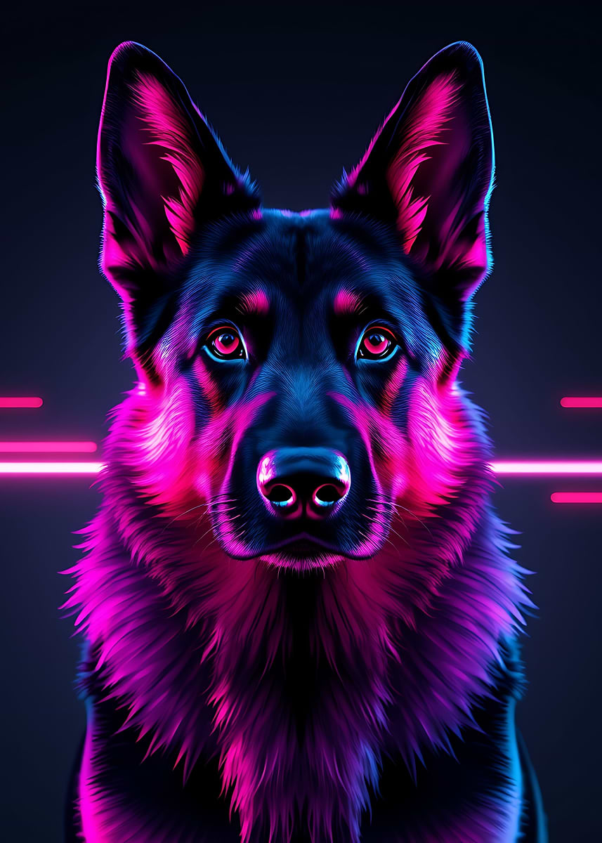 'Close up portrait Neon German Shepherd' Poster, picture, metal print ...