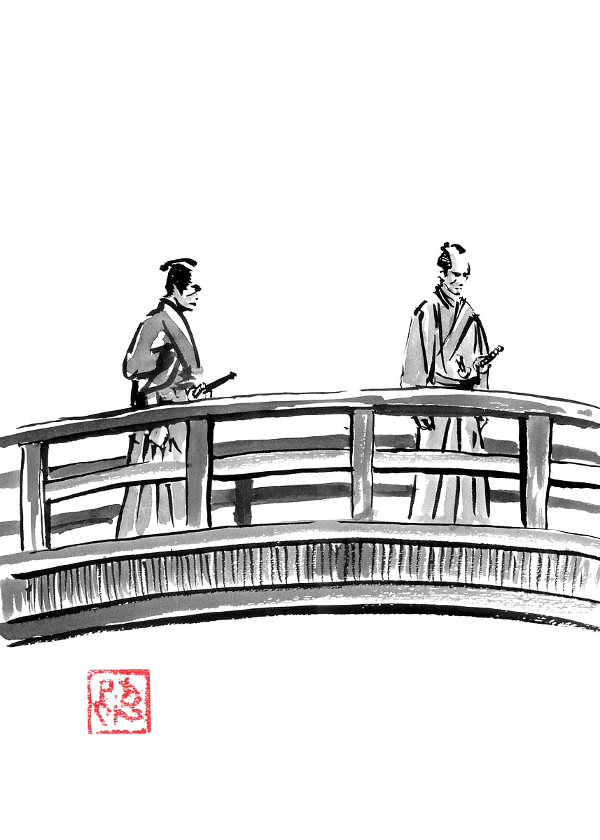 'Samurai on Bridge Ink Painting' Poster, picture, metal print, paint by ...