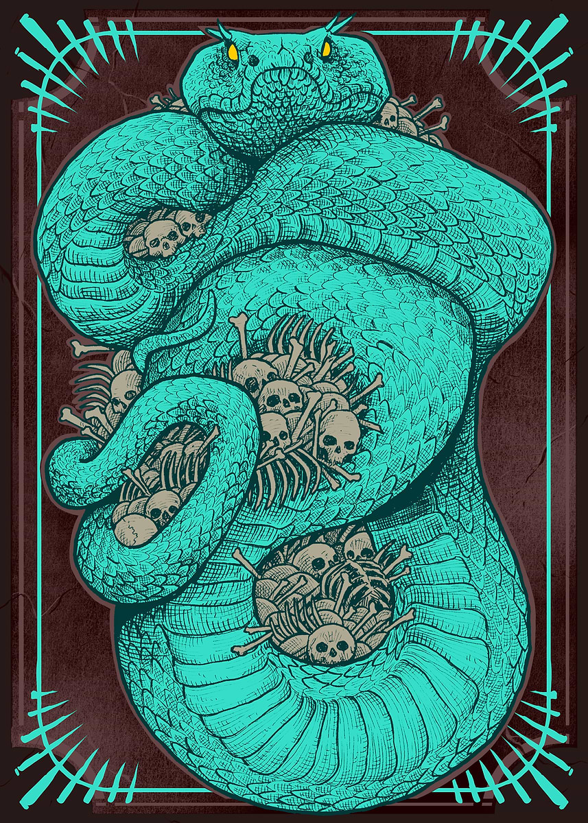 'Cyan Snake with Skulls' Poster, picture, metal print, paint by DK13 ...