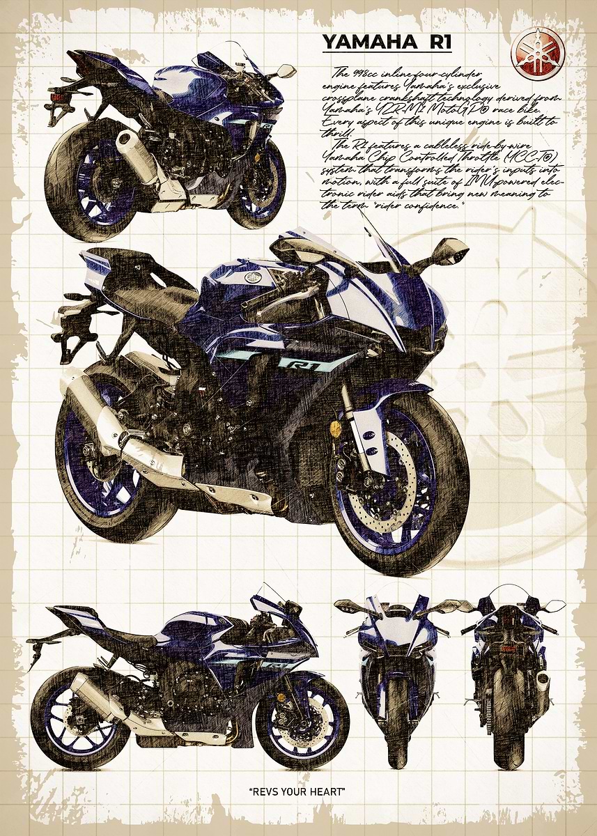 'Yamaha R1 Motorcycle Blueprint Sketch Style Art' Poster, picture ...