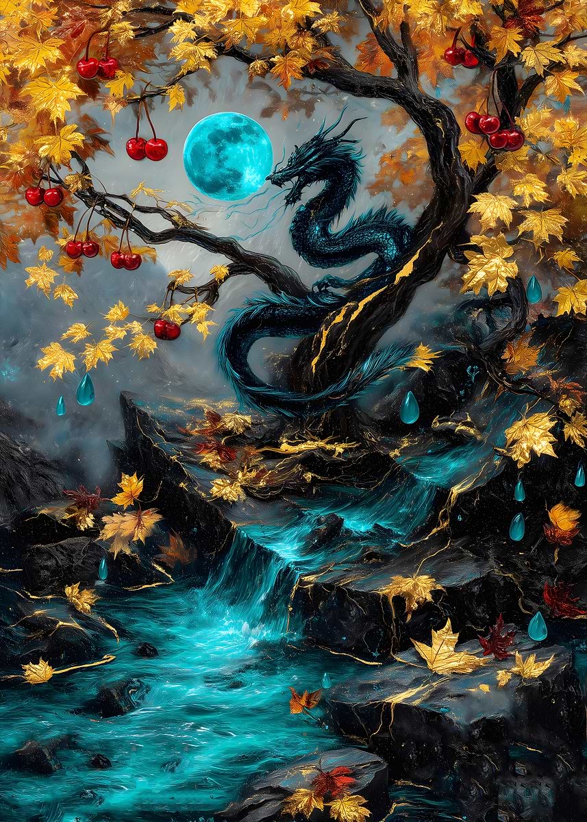 'Dragon, Moon, and Autumnal Cascade' Poster, picture, metal print ...