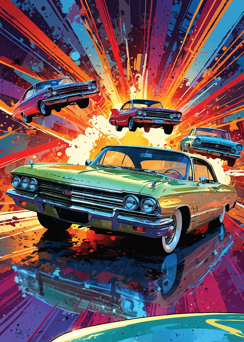 'Classic Cars Explosion' Poster, picture, metal print, paint by ...