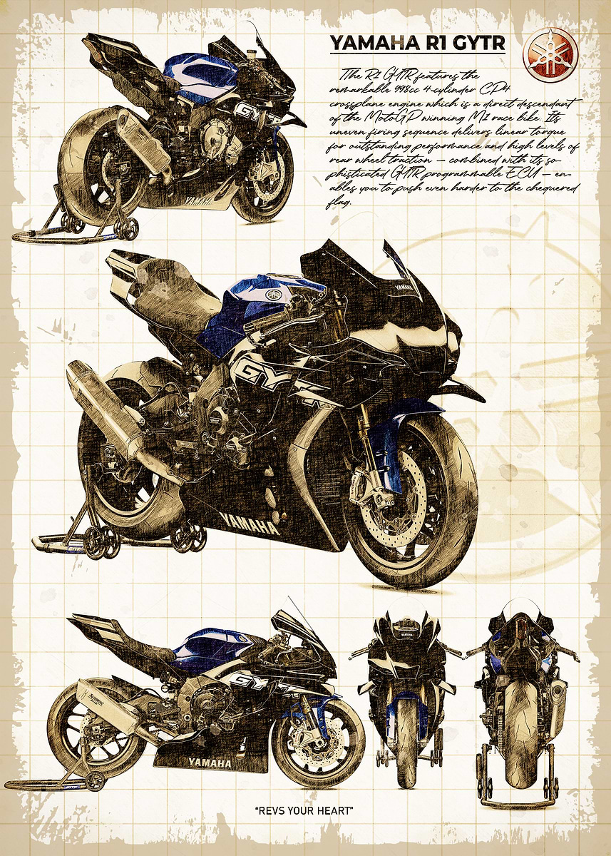 'Yamaha R1 GYTR Motorcycle Blueprint' Poster, picture, metal print ...