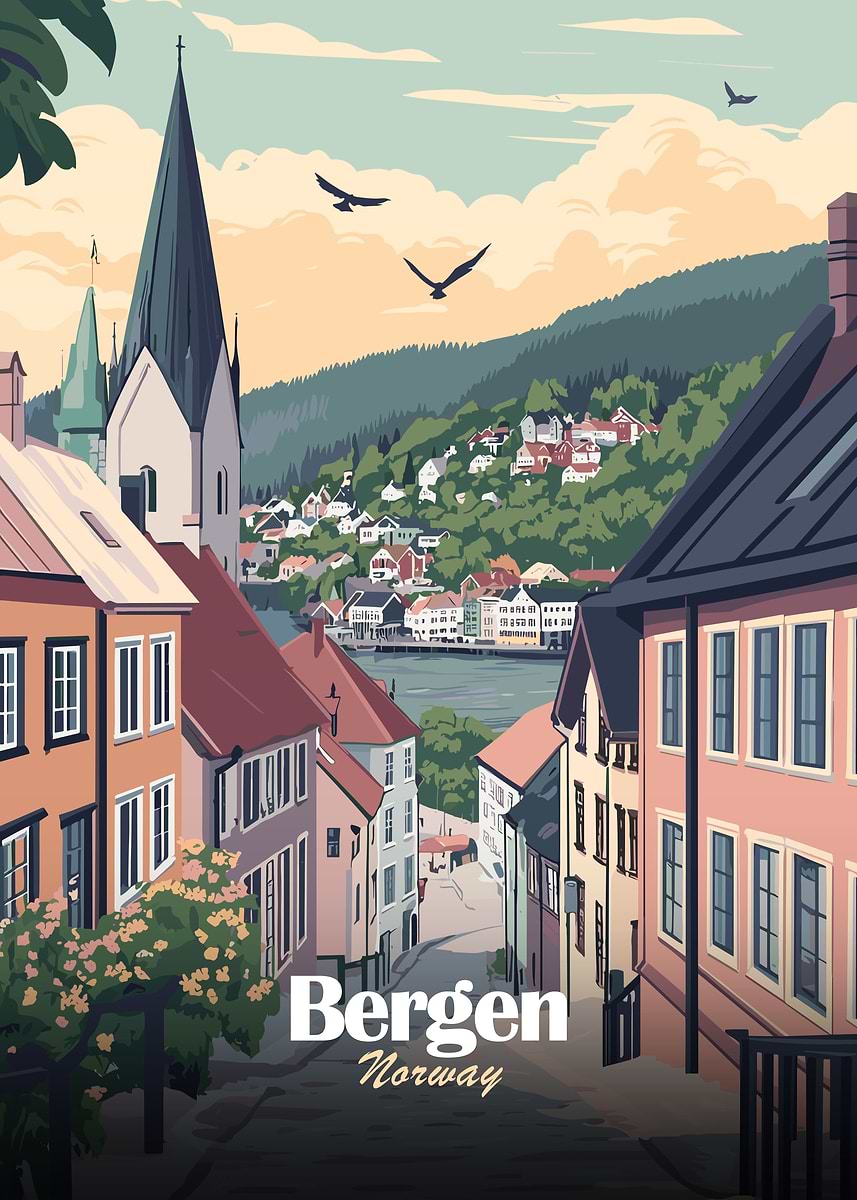 'Bergen, Norway Travel Poster' Poster, picture, metal print, paint by ...