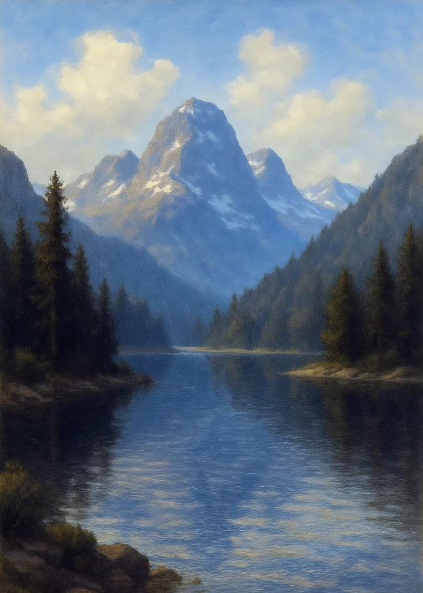 'Alpine Lake Serenity – Classic Mountain Landscape Painting' Poster ...