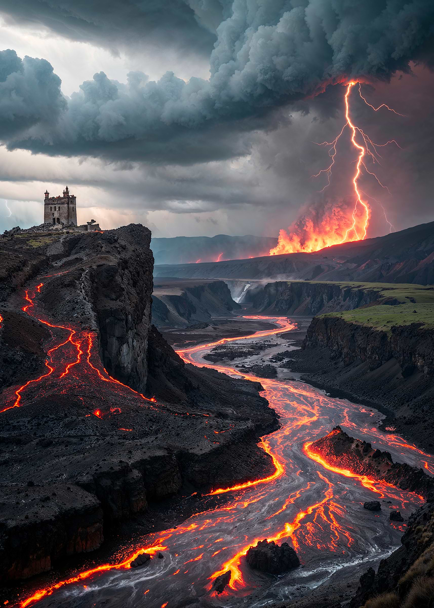 'Volcanic Landscape with Castle and Lightning' Poster, picture, metal ...