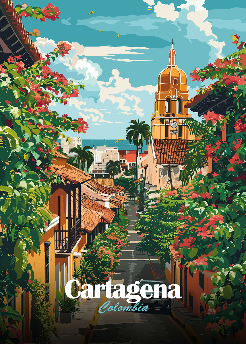 'Cartagena, Colombia street view illustration' Poster, picture, metal ...