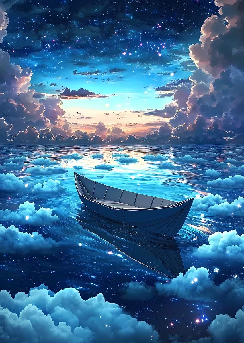 'Boat Floating on a Sea of Clouds Beneath a Starry Sky' Poster, picture ...