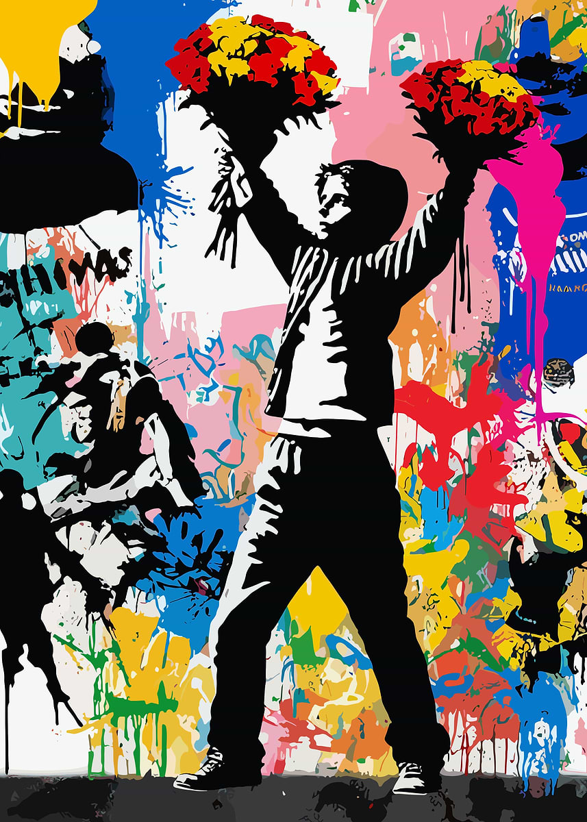 'Boy with Flowers Graffiti Art' Poster, picture, metal print, paint by Foxz | Displate