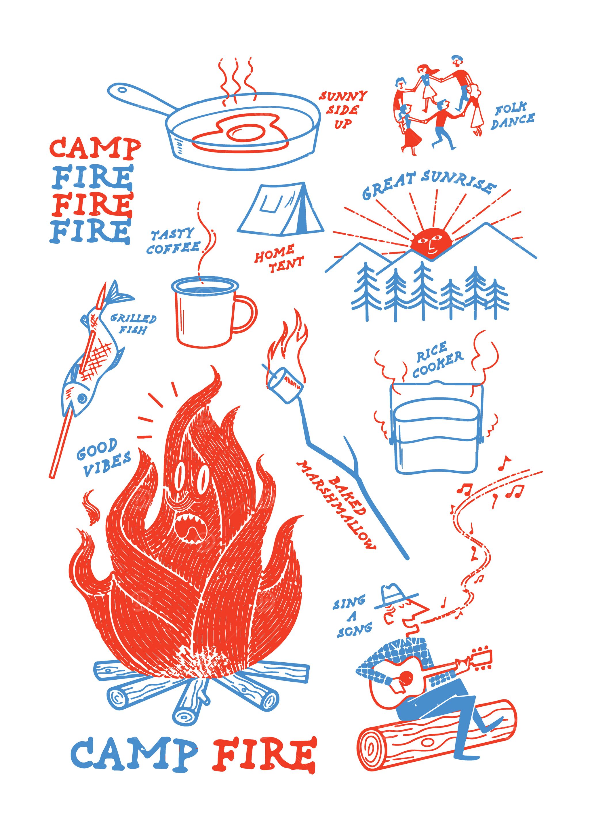 'Campfire and Camping Activities Illustration' Poster, picture, metal ...