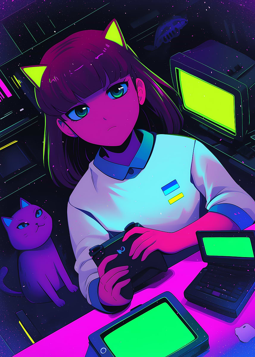 'Neon Anime Girl Gamer with Cat' Poster, picture, metal print, paint by ...