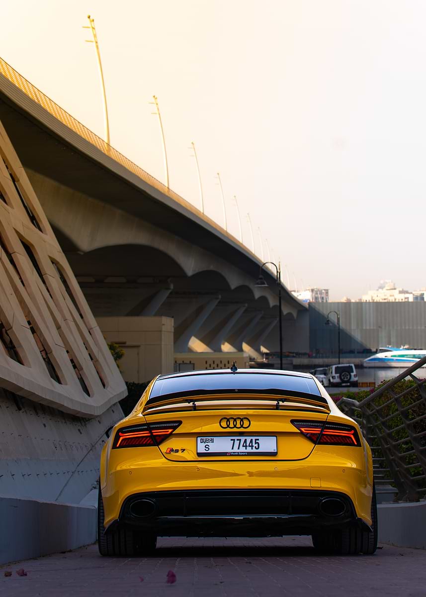 'Yellow Audi RS7 under a bridge' Poster, picture, metal print, paint by ...