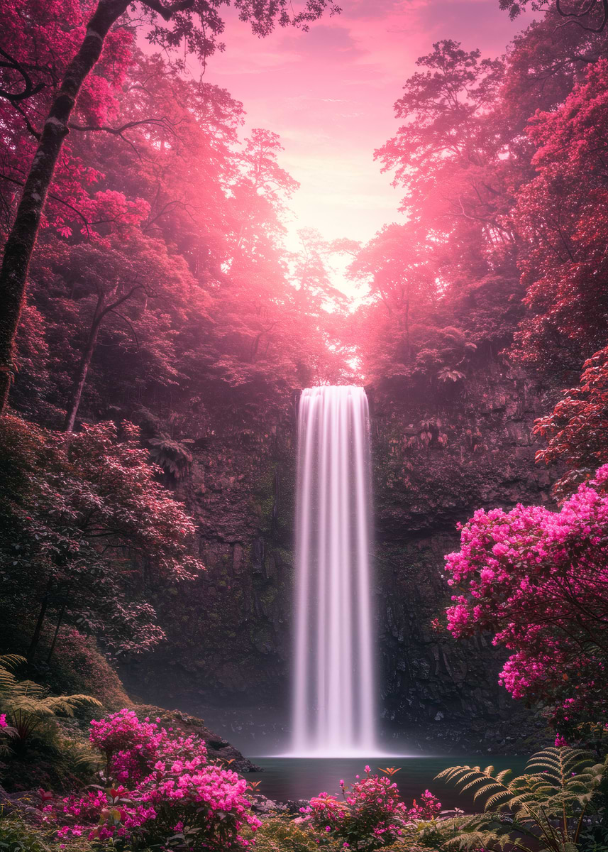 'Pink Waterfall in Lush Forest' Poster, picture, metal print, paint by ...