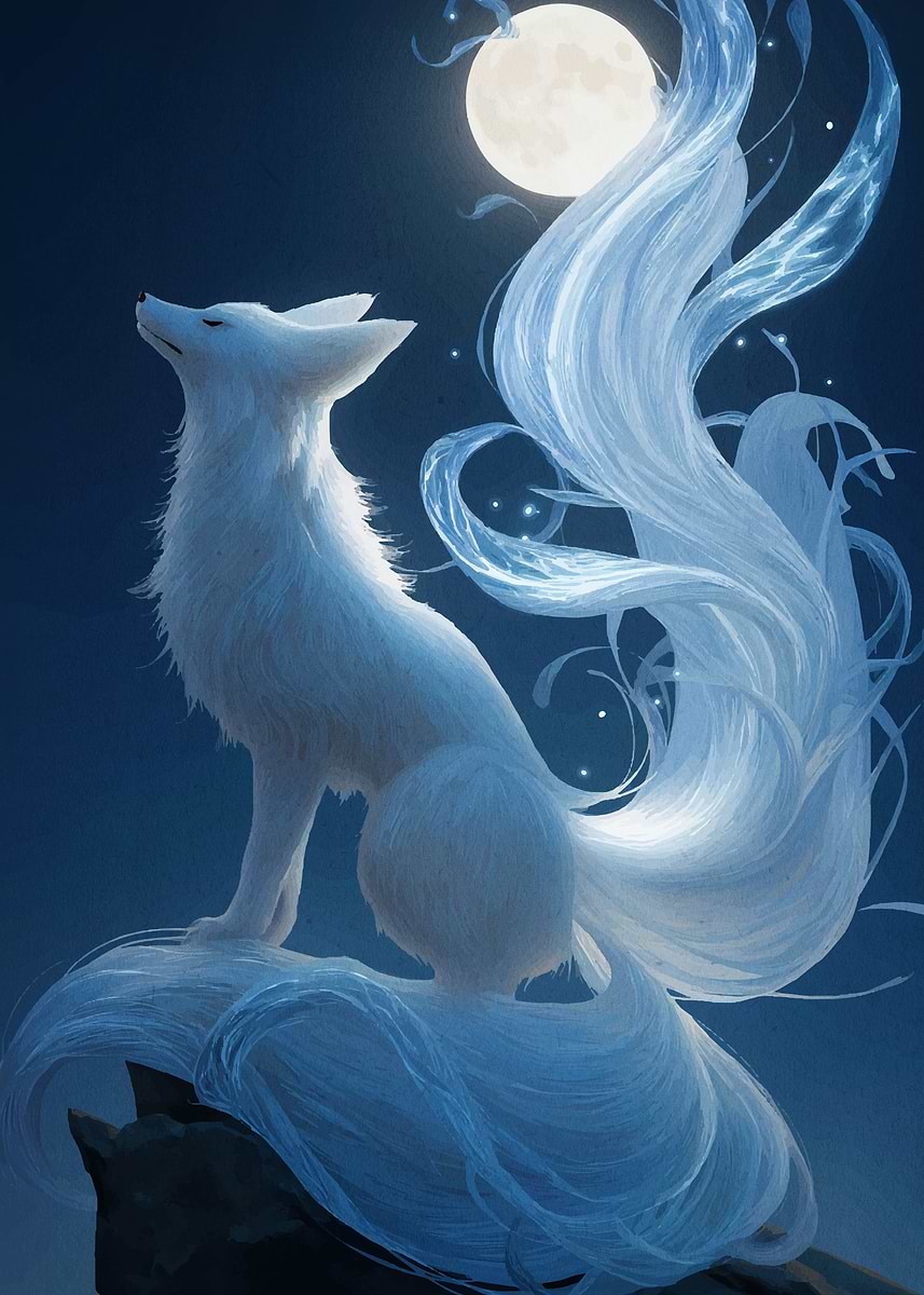'White Fox Under Moonlight' Poster, picture, metal print, paint by ...