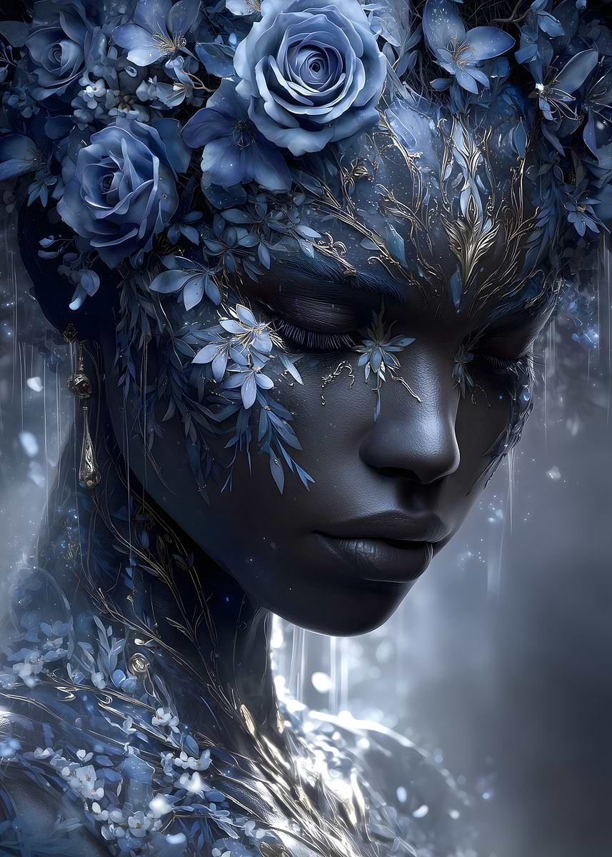 'Blue Floral Woman Portrait' Poster, picture, metal print, paint by ...