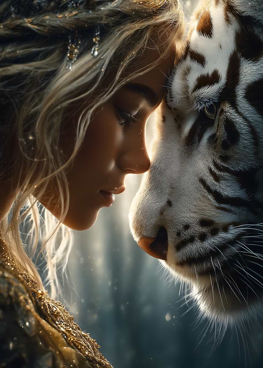 'Woman and White Tiger Portrait' Poster, picture, metal print, paint by ...