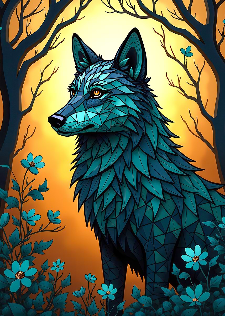 'Gilded Mosaic – Turquoise Wolf of Celestial Majesty' Poster, picture ...