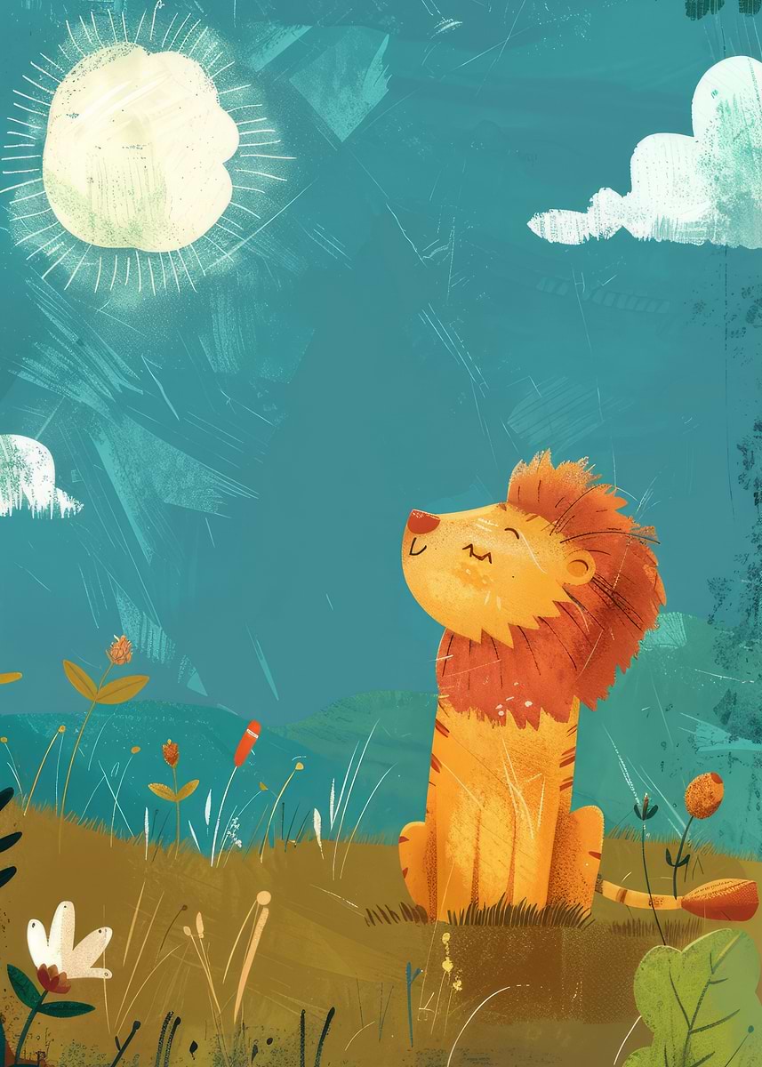 'Cartoon Lion in a Field' Poster, picture, metal print, paint by Tesiga ...