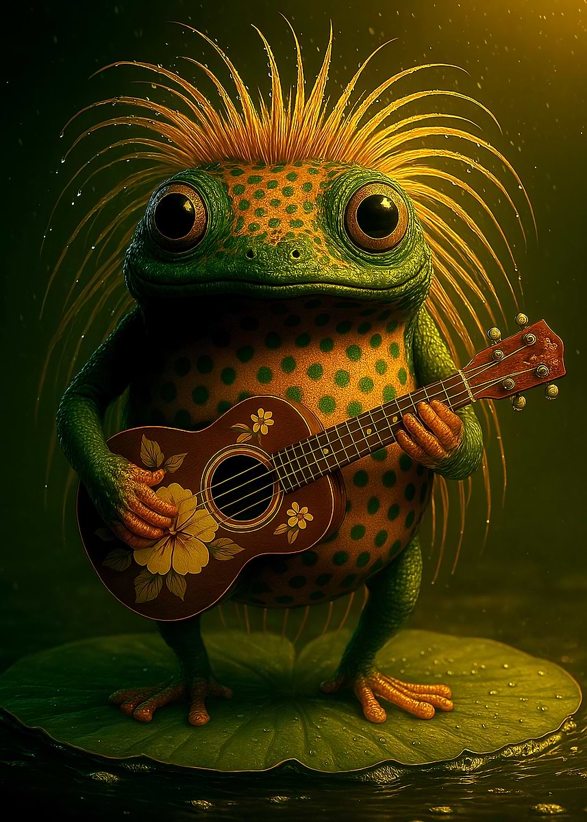 'Frog playing ukulele on lily pad' Poster, picture, metal print, paint ...