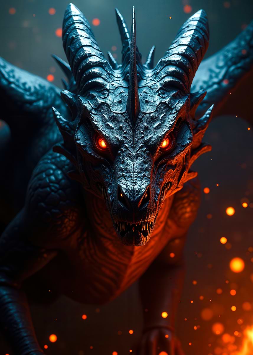 'Inferno Sovereign – Obsidian Dragon Amidst Ember Storm' Poster ...