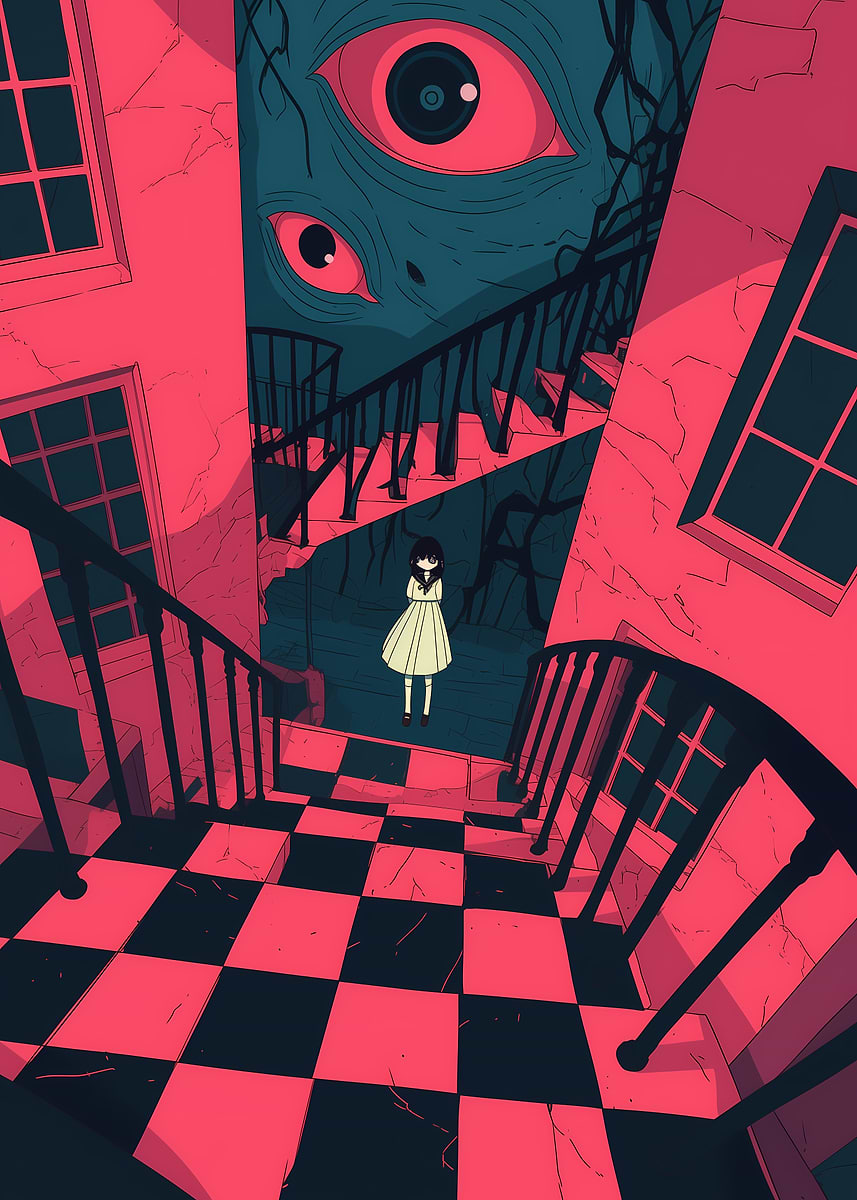 'Eerie Staircase with Girl and Monster' Poster, picture, metal print ...
