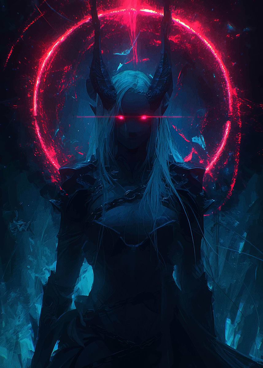 'Dark Elf with Horns and Red Eyes' Poster, picture, metal print, paint ...