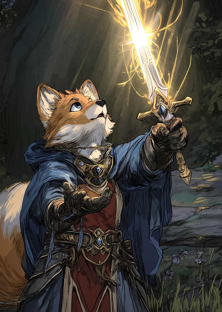 'Fox Warrior with Glowing Sword' Poster, picture, metal print, paint by ...