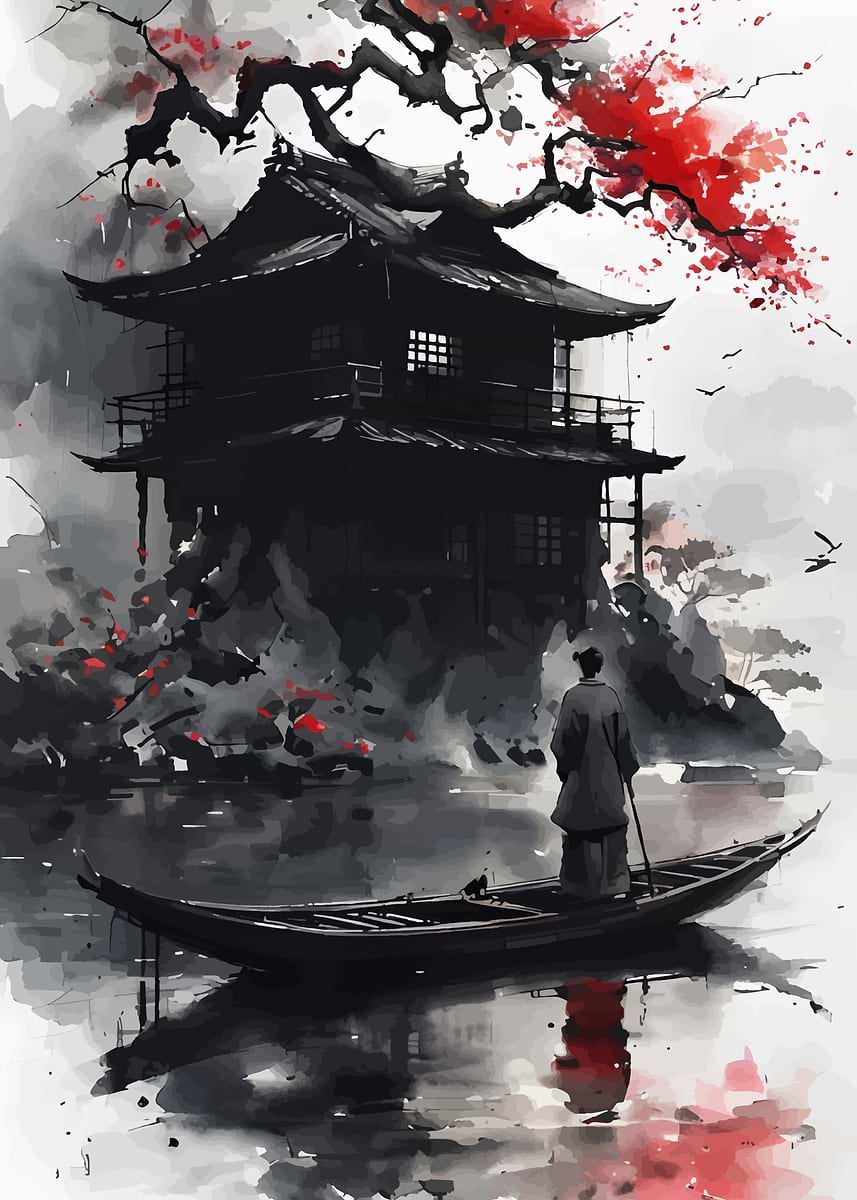'Japanese Temple on Water with Boat' Poster, picture, metal print ...