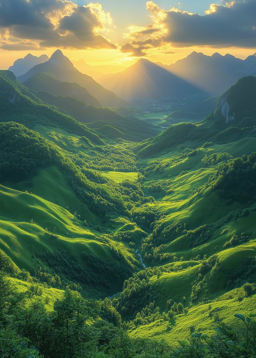 'Green Valley Sunset' Poster, picture, metal print, paint by Alphaworld ...