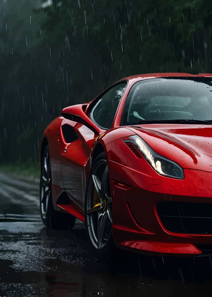 'Red Ferrari in the Rain' Poster, picture, metal print, paint by brahim ...