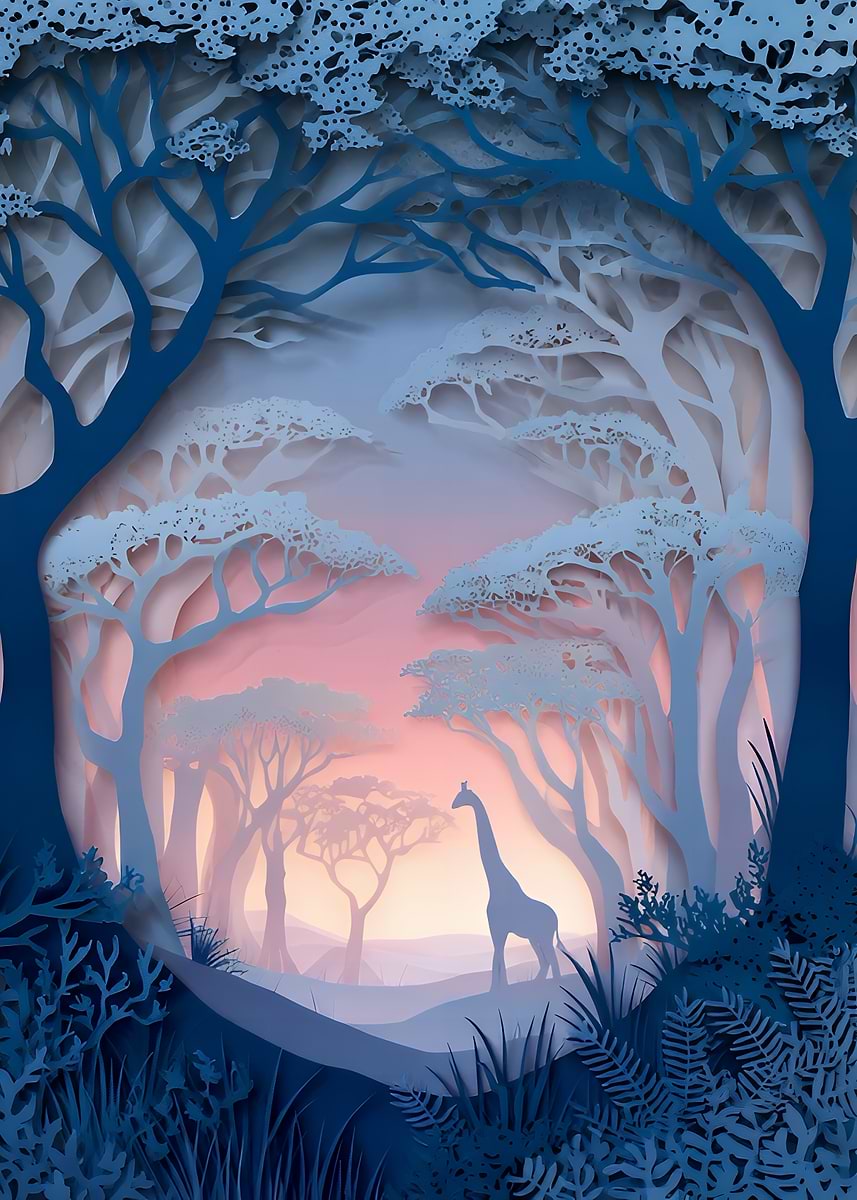 'Giraffe in layered papercut forest' Poster, picture, metal print ...