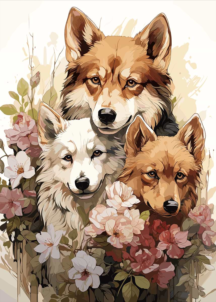 'Wolves and Roses Portrait' Poster, picture, metal print, paint by ...