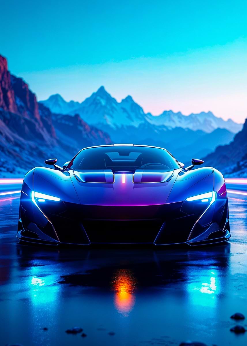'Futuristic Car on Wet Road' Poster, picture, metal print, paint by ...
