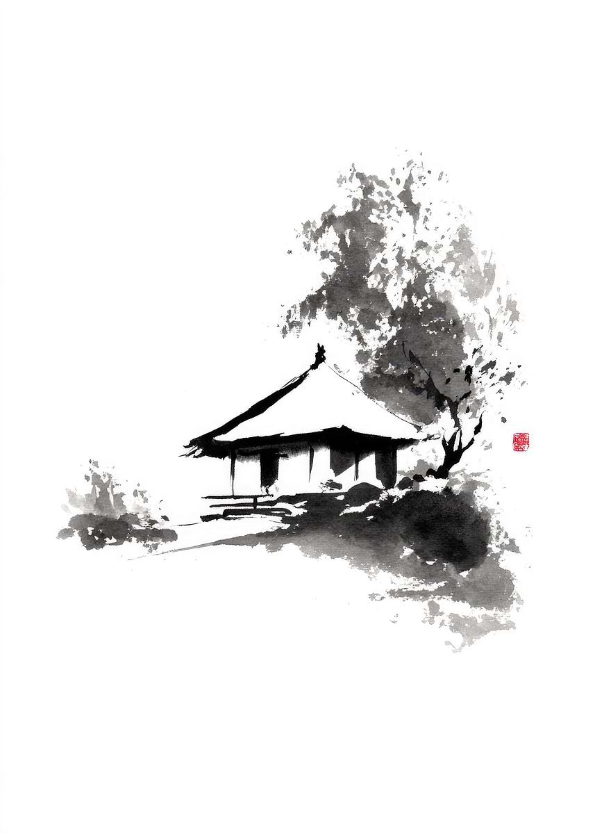 'Japanese Ink Painting of a House' Poster, picture, metal print, paint ...