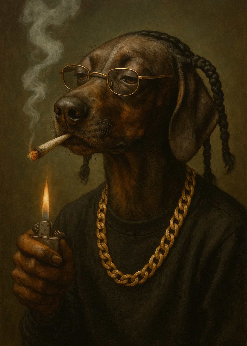'Smoking Dog with Braids and Gold snoop' Poster, picture, metal print ...