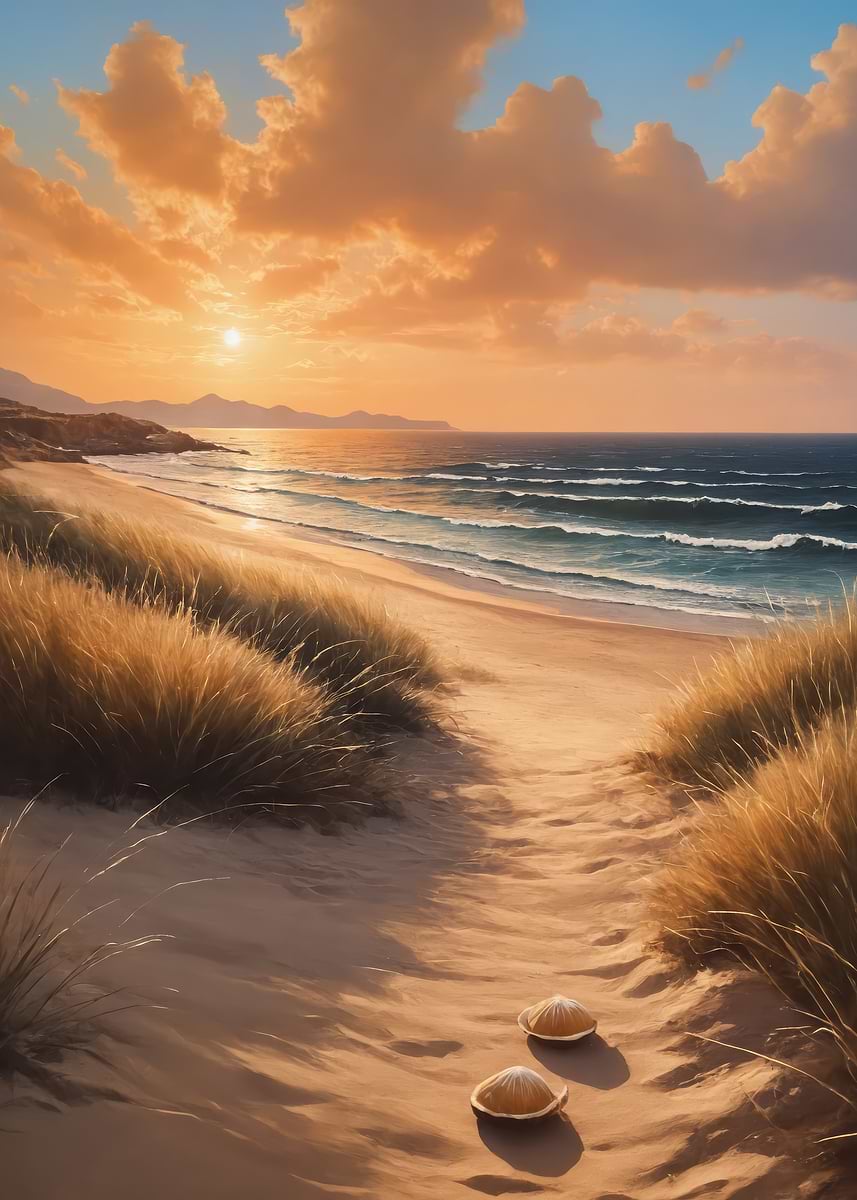 'Beach Sunset with Dunes and Shells' Poster, picture, metal print ...