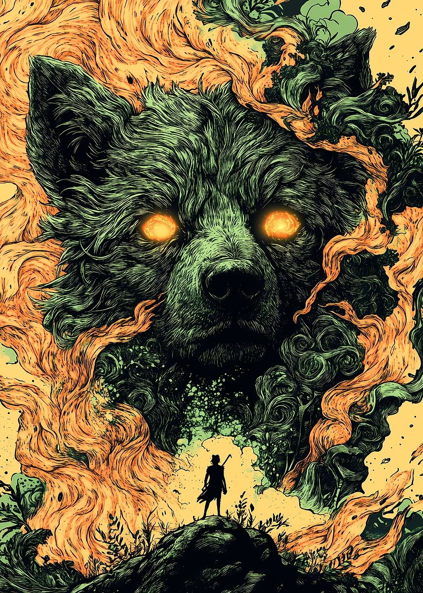 'Giant Bear and Silhouette Figure' Poster, picture, metal print, paint ...